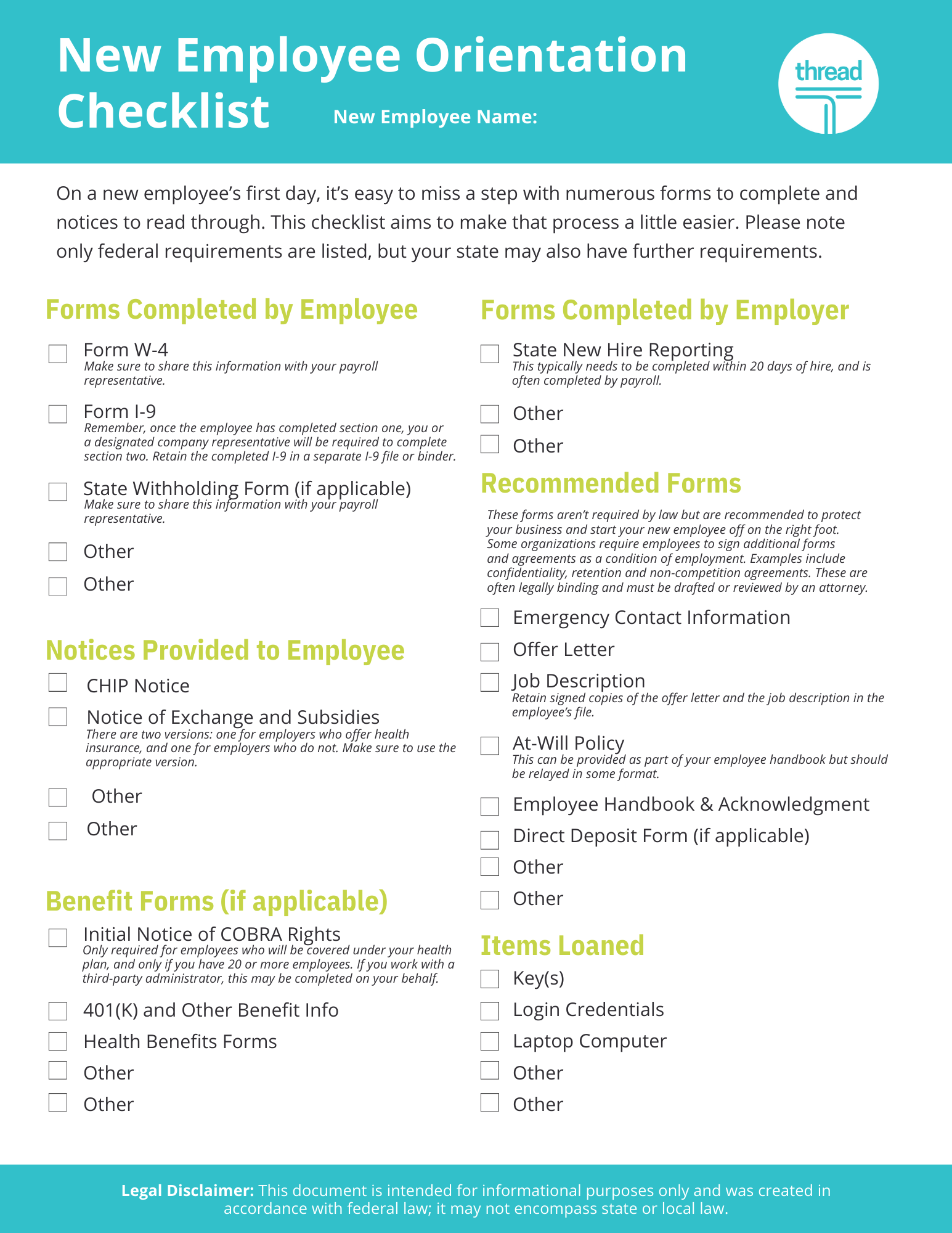 New Employee Orientation Checklist - Thread HCM New Employee Orientation Checklist - Thread HCM